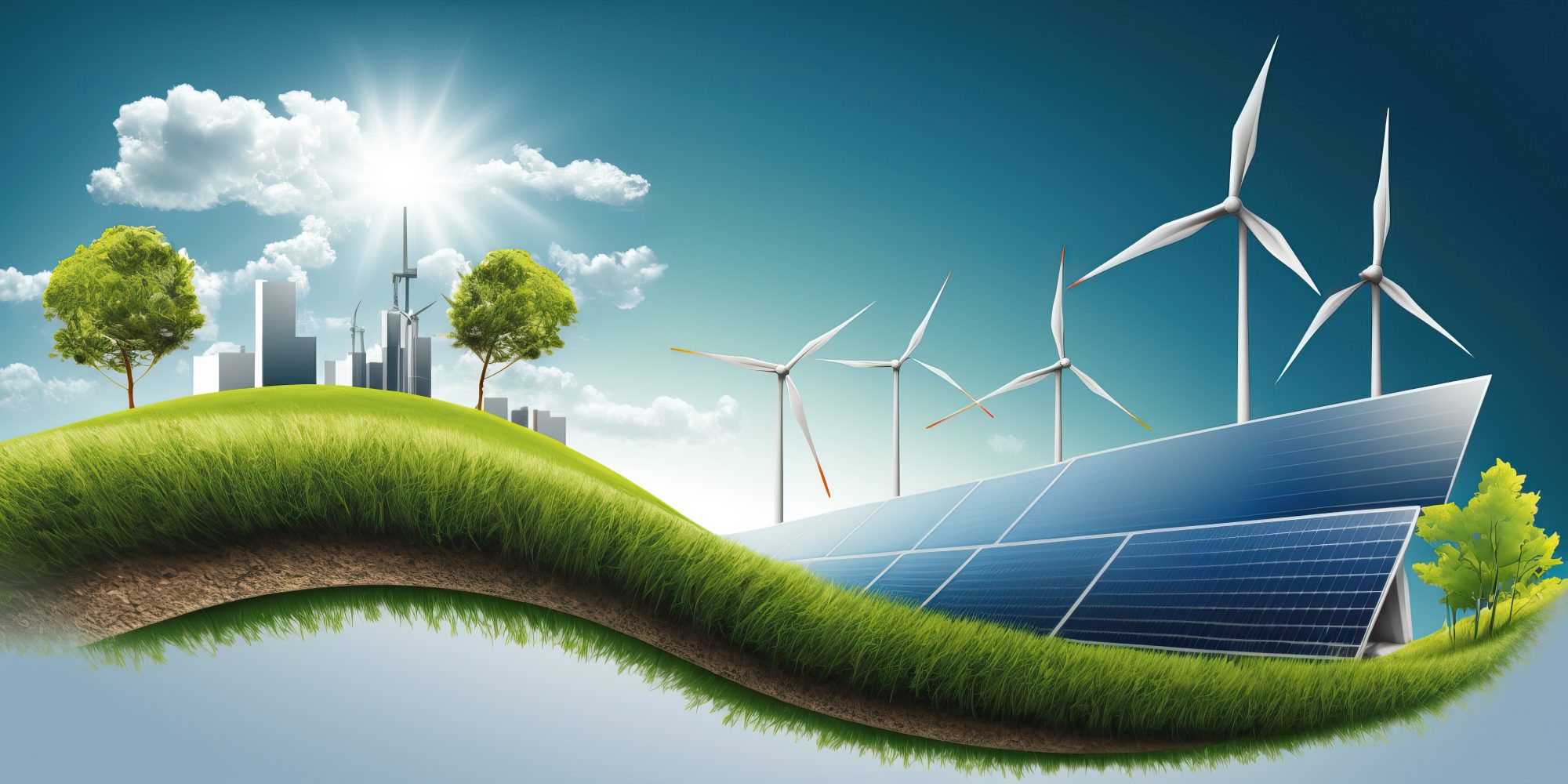 renewable energy banner background with green energy as wind turbines ...